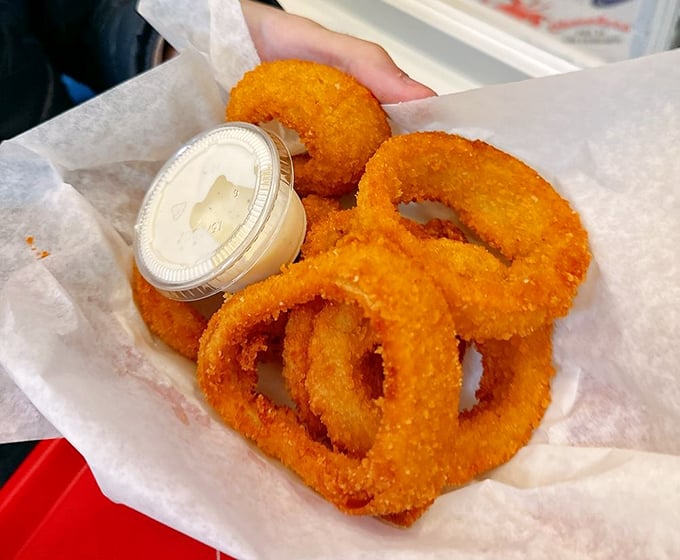 These aren't just onion rings – they're golden halos of happiness with a crunch that echoes across Fisherman's Wharf.