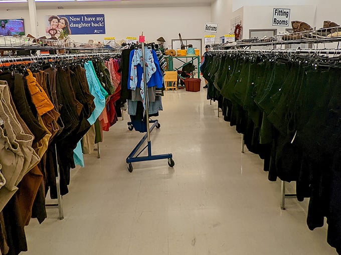 The pants section is organized with military precision. Finding your size has never been easier—or more affordable!