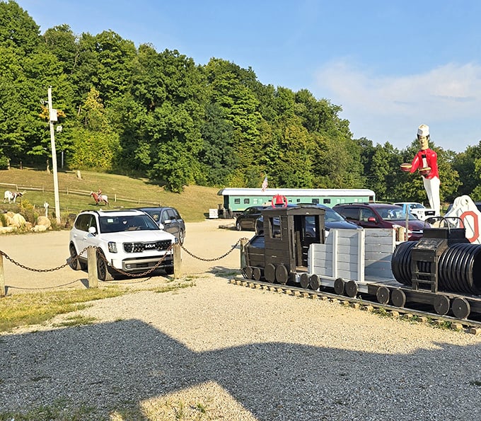The whimsical outdoor area features train-themed decorations that remind you this isn't just a meal – it's an experience with a side of nostalgia.