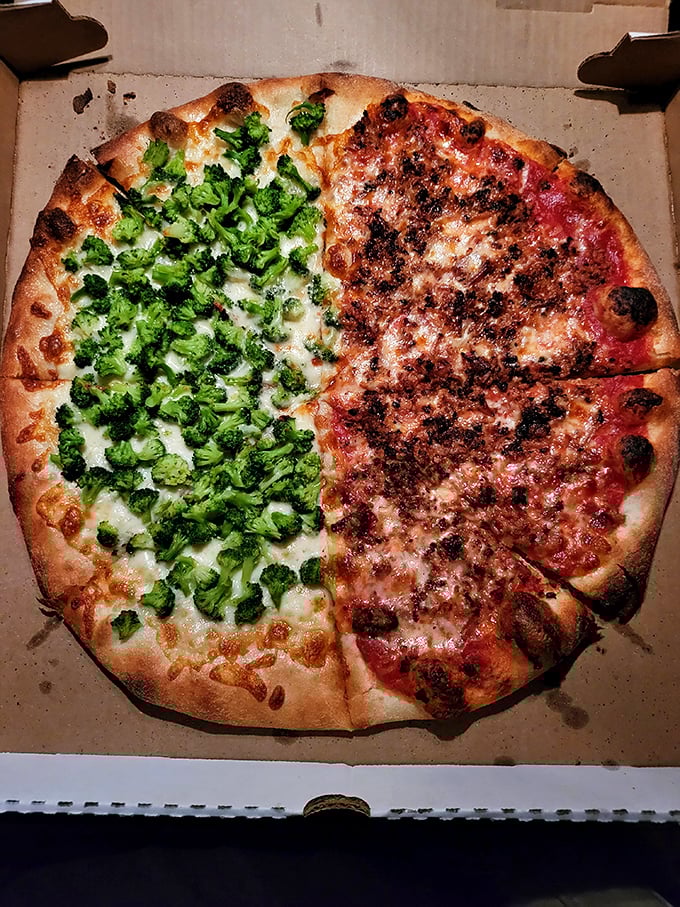 Half broccoli, half red sauce—the pizza equivalent of business in front, party in back. Vegetable redemption in its most delicious form.