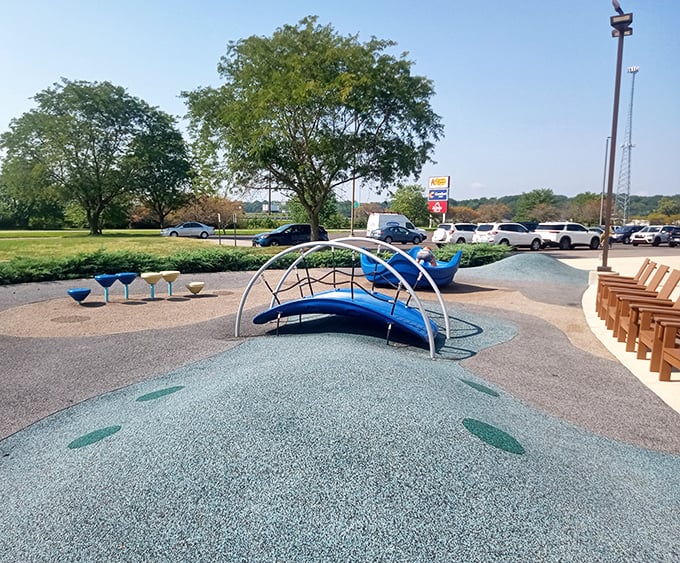 A playground oasis amid the shopping madness—where kids burn energy while parents mentally calculate how many more stores they can visit.