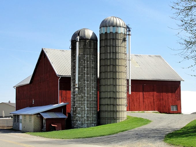Americana in its most photogenic form. This classic red barn with twin silos stands as a monument to farming traditions that shaped the Midwest.