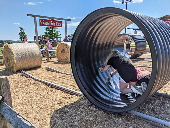 The Round Bale Racer proves that farm equipment can double as playground equipment. Who knew drainage pipes could be this much fun?