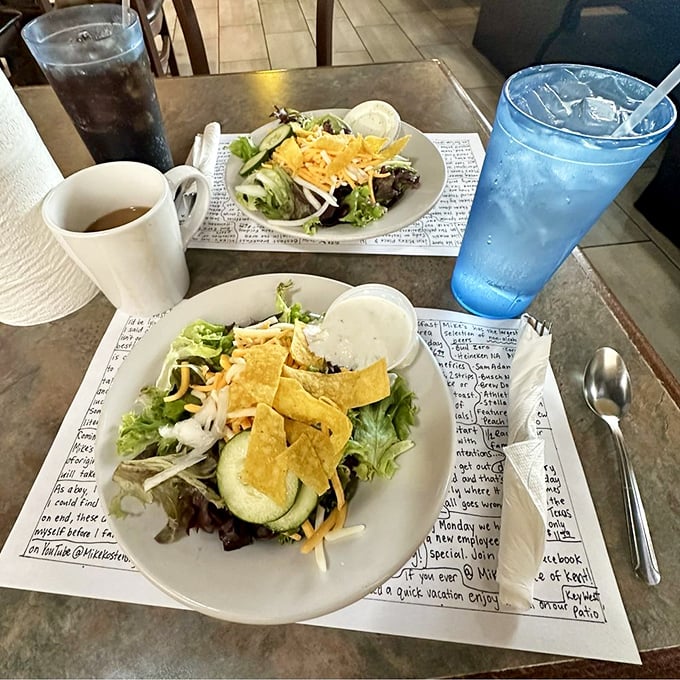 Even the salads at Mike's Place come with personality – fresh greens topped with cheese and tortilla strips. Healthy-ish never looked so appealing!