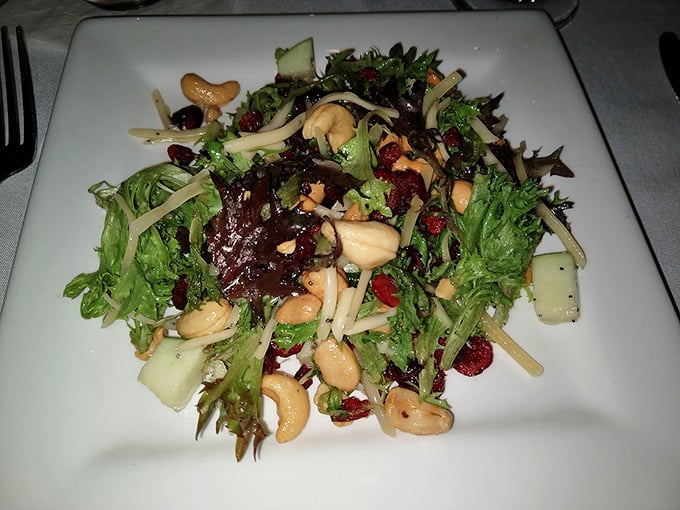 A salad that's having more fun than most entrees—mixed greens dancing with cranberries, cashews, and what appears to be apple slices.