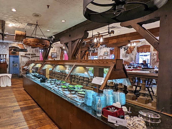 The salad bar nestled among original mill beams – where fresh ingredients meet industrial chic before that was even a thing.