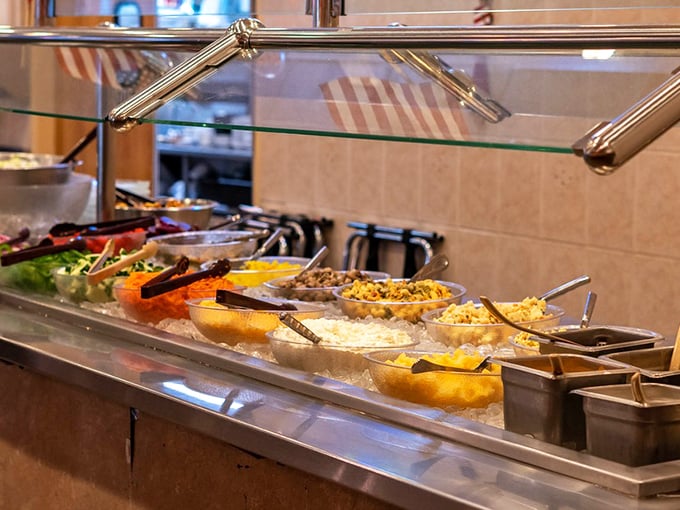 The salad bar—where good intentions meet delicious reality. A rainbow of toppings waiting to transform ordinary lettuce into extraordinary lunch.