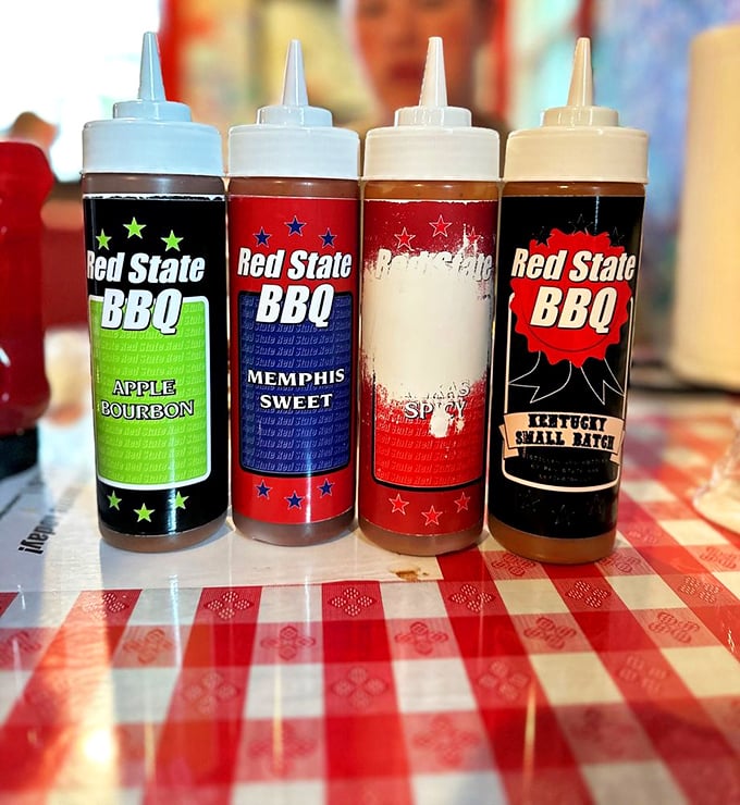 The sauce lineup—like selecting the right tool for a delicate job. Each bottle promises a different path to flavor enlightenment, no passport required.