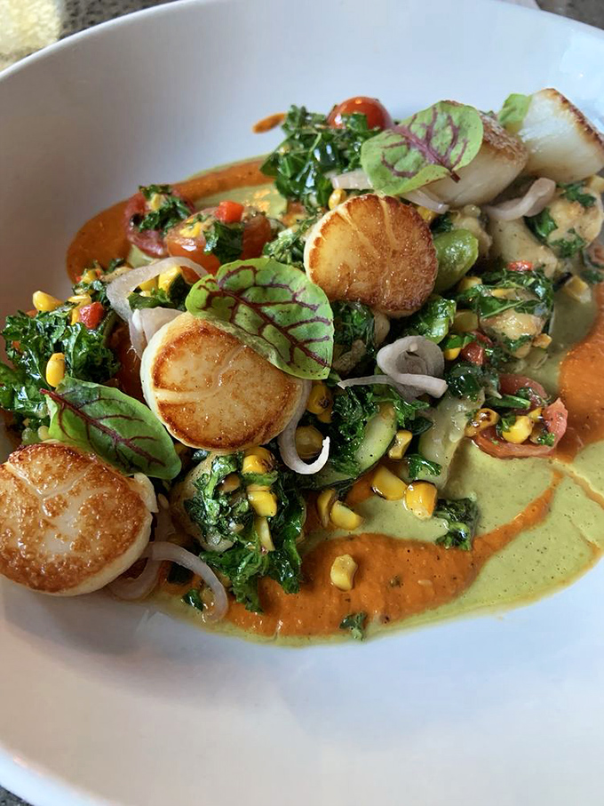 These scallops aren't just seared—they're transformed into buttery pucks of ocean sweetness, swimming in a colorful sauce duet.