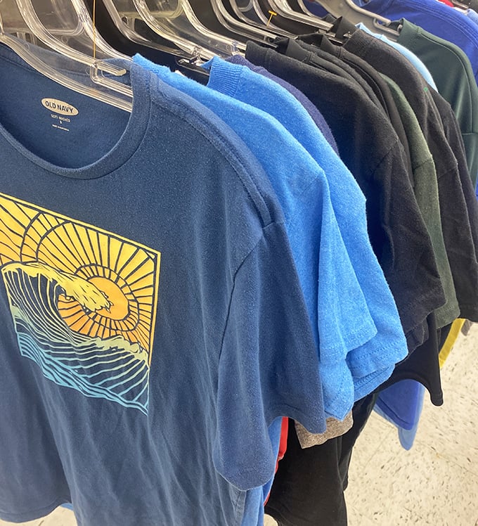Rack-diving for vintage tees is like archaeological fashion exploration—that perfect graphic shirt from 1998 is hiding somewhere between the blue fleeces.