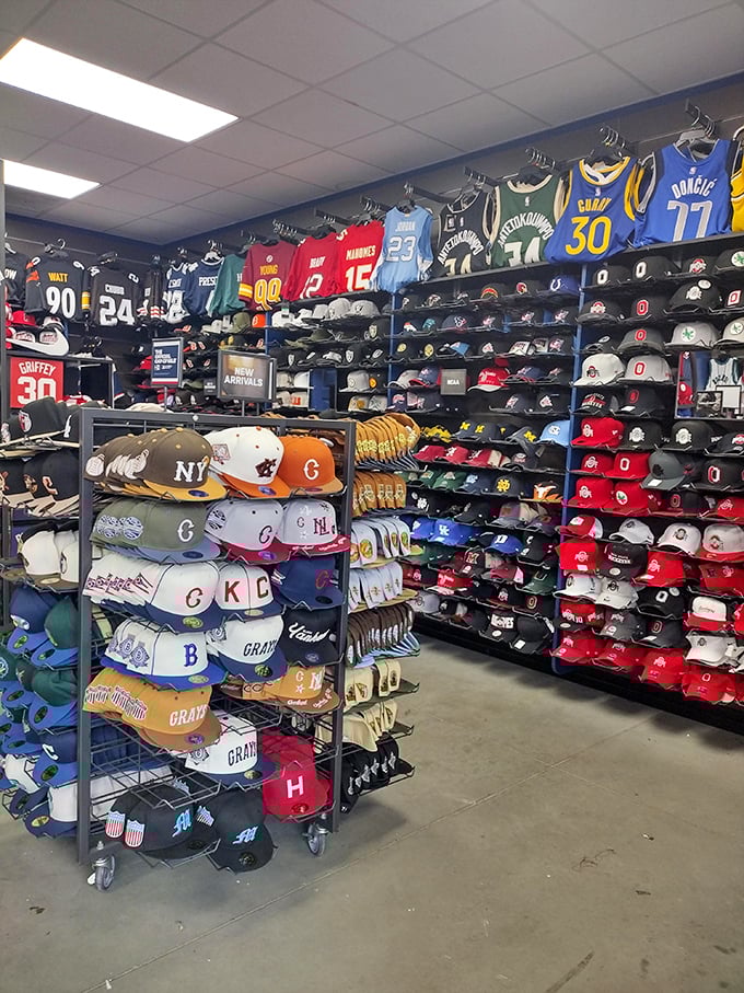 Sports fan nirvana – where you can pledge allegiance to your team without emptying your wallet. The wall of hats alone could start friendly rivalries.