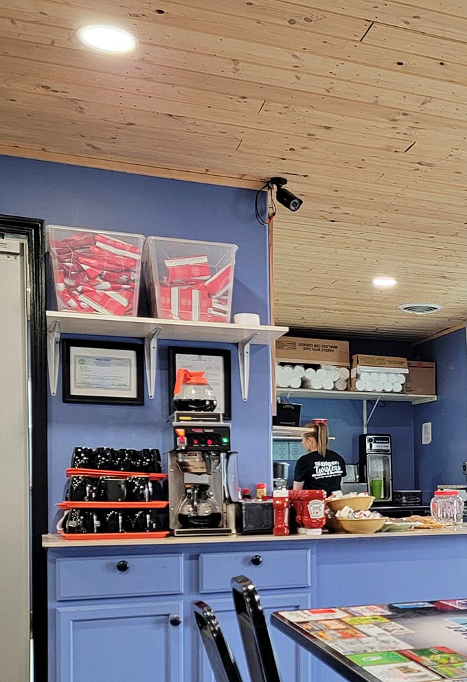 Behind every great diner is a staff that knows the difference between cooking food and making memories—spot the coffee station ready for action.