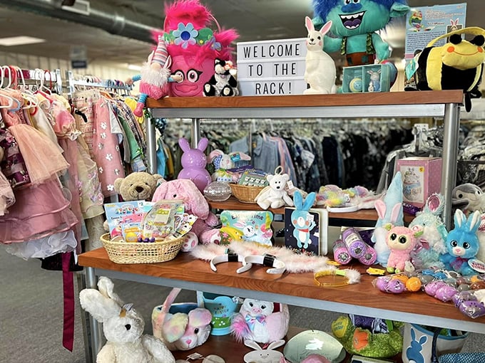 The stuffed animal kingdom awaits adoption, with bunnies and creatures offering cuddles at bargain prices.