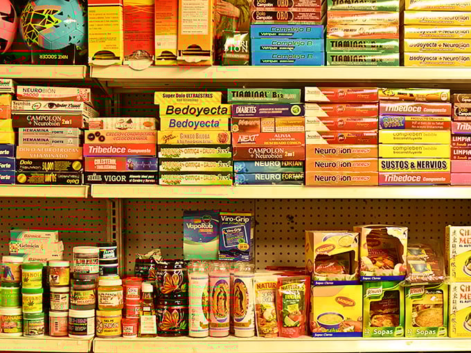 The international aisle of curiosities. These colorful packages promise remedies and flavors from worlds away.