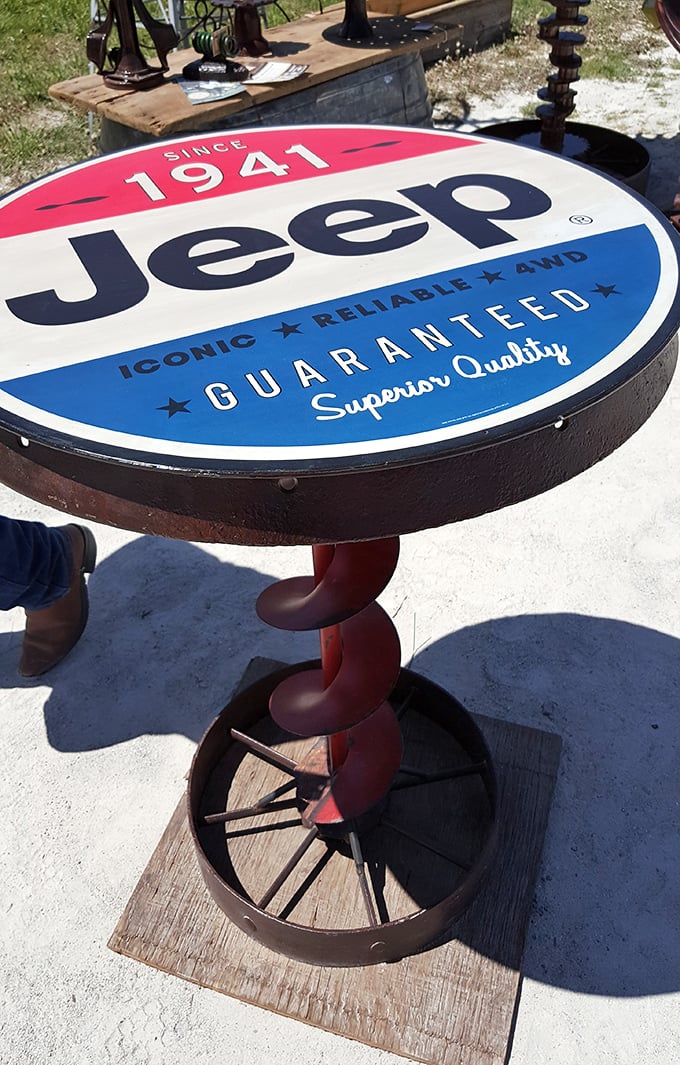 Not just a table—a statement piece that turns garage-stored Jeep memorabilia into dining room conversation. Automotive enthusiasm meets functional furniture!
