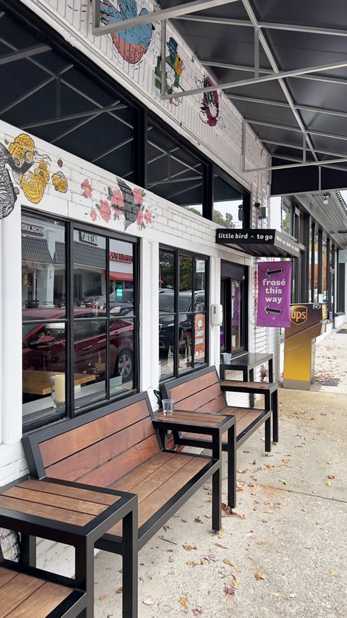 "Little Bird ~ to go" offers the same big flavors for those on the move, with inviting benches for the inevitable wait.