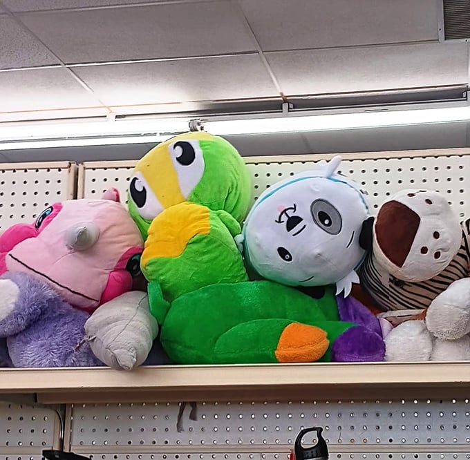 Stuffed animals huddle together on the shelf, silently hoping to be the chosen one for a child's next bedtime story companion.
