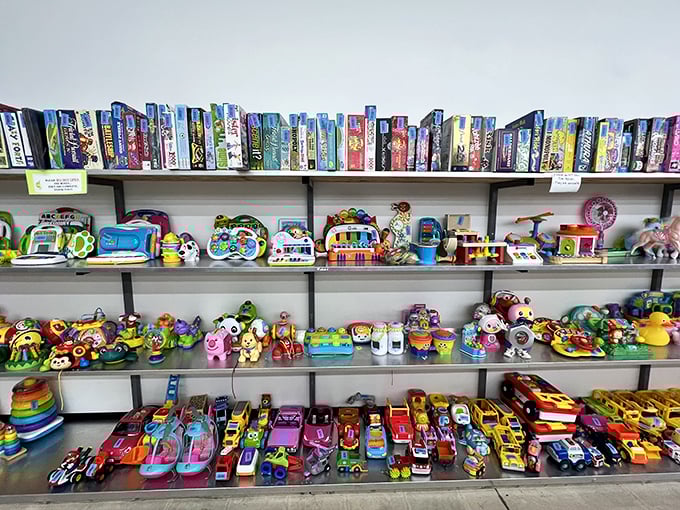 Toy shelves bursting with colorful potential energy – each item waiting for a child's imagination to bring it back to life.