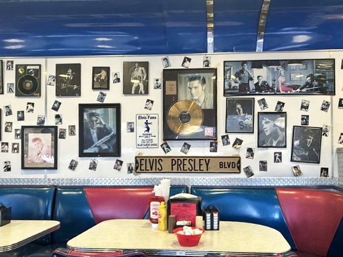 The Elvis wall transforms ordinary booths into rock-and-roll thrones—the King watching over your meal.