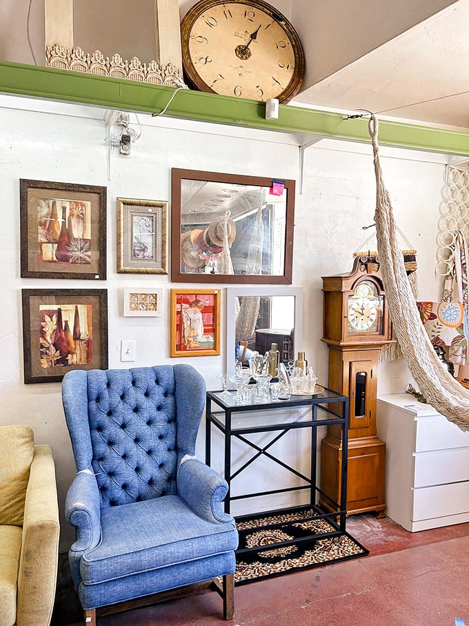This vignette could be straight from a boutique hotel lobby, proving secondhand doesn't mean second-rate. That blue chair is calling your name!