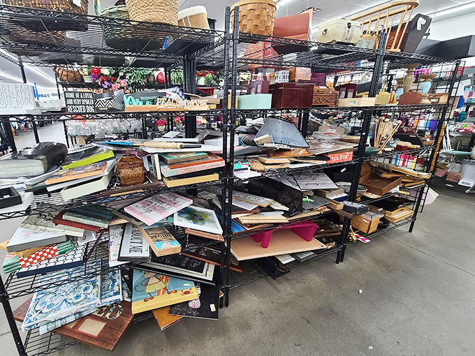 Books and wall art create the perfect browsing storm—literary treasures and decorative statements that once adorned someone else's shelves.