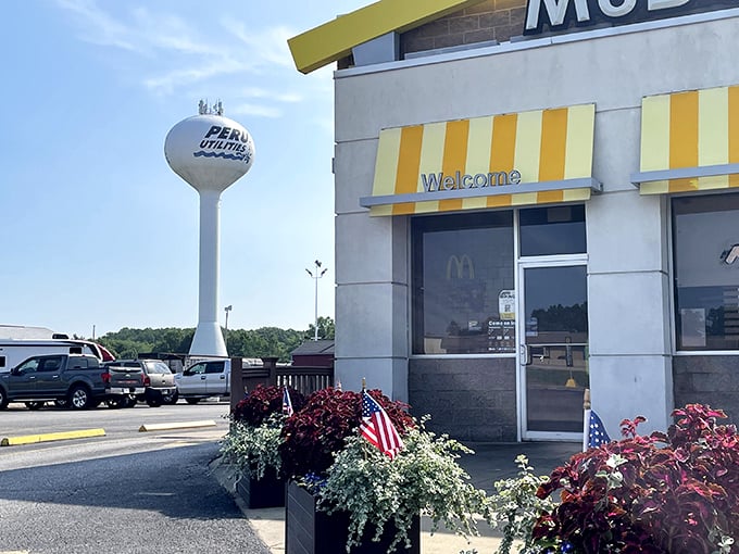 Peru's water tower stands tall like the town greeter, proudly announcing "Yes, we're Peru, Indiana" to confused GPS users everywhere.