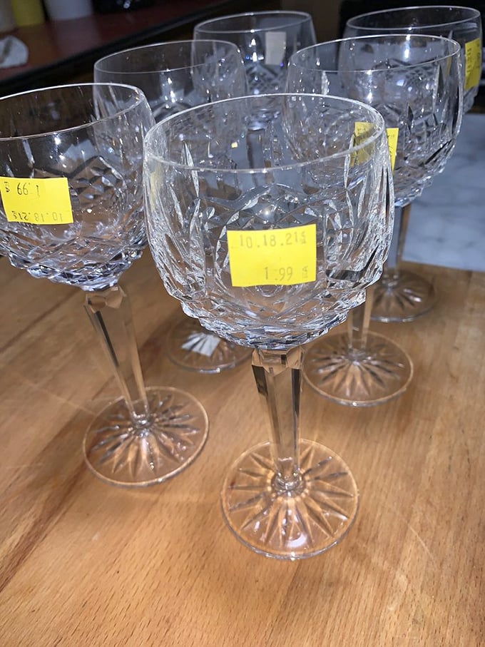 Elegant wine glasses that once toasted celebrations now wait affordably to grace your next dinner gathering with style.