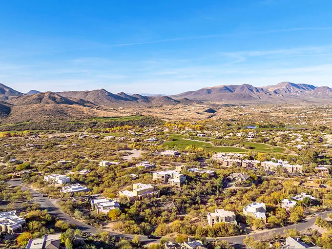The view of Cave Creek shows how this Western outpost maintains its character despite Phoenix's sprawl. Those mountains keep watch over it all.