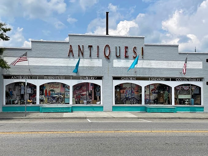 White facade and big windows create an airy, welcoming space for serious vintage treasure hunting.