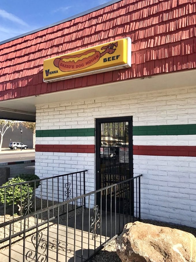 Dazzo's Dog House wears its Italian heritage proudly with those flag-colored stripes. Vienna beef hot dogs served with old-world pride.
