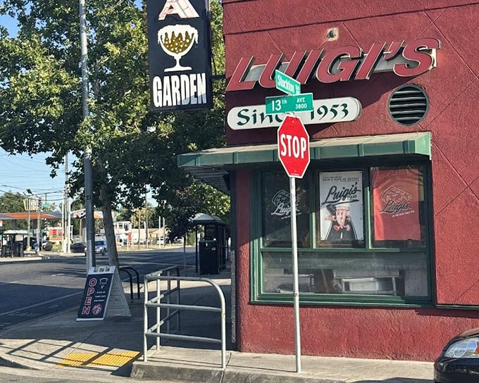Luigi's classic red brick facade represents old-school Sacramento pizza traditions that never go out of style.