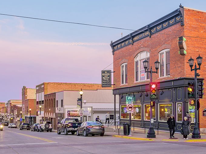 Platteville's historic downtown glows with evening light that highlights its timeless architectural beauty perfectly.