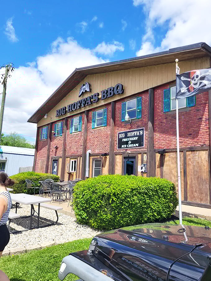 Big Hoffa's looks like a pirate ship crashed into a BBQ joint – that flag warns you're about to plunder some serious flavor treasure.