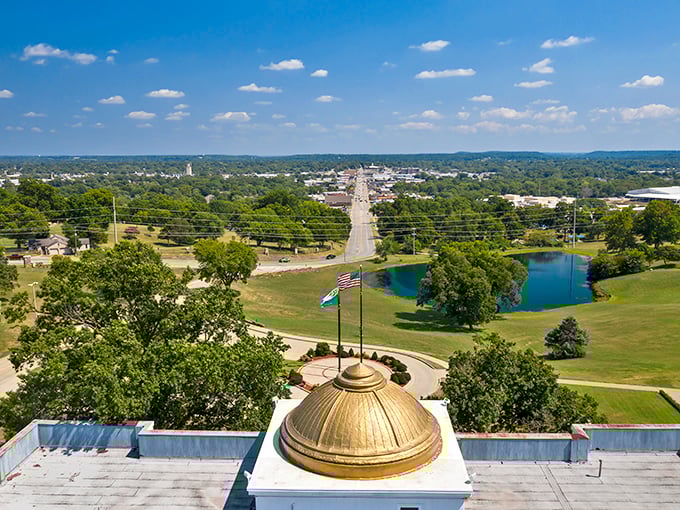 The view from Claremore's courthouse shows a town nestled comfortably in Oklahoma's rolling landscape.