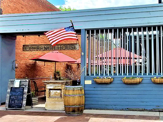A simple blue exterior hides Co. Ranch House's complex flavors. That American flag says "classic" but the menu is anything but ordinary.
