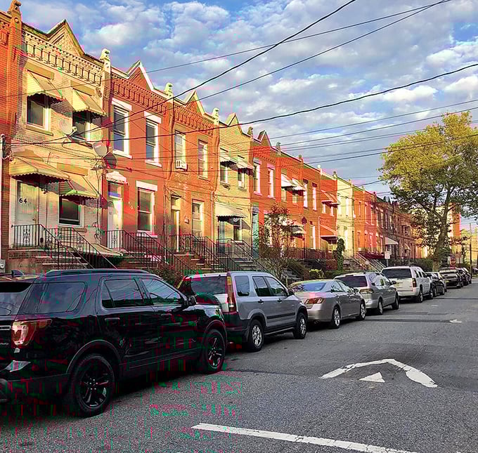 Jersey City’s brick row houses glow in the afternoon sun—a quiet reminder of urban life with neighborhood warmth.