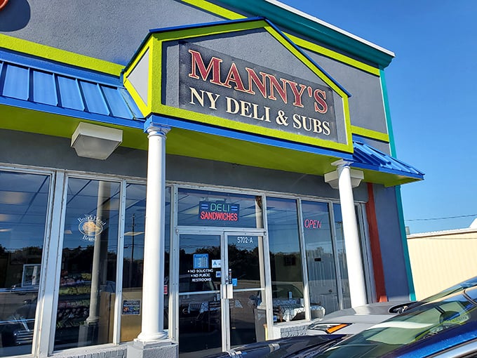 The bright, eye-catching facade matches the vibrant flavors waiting inside this NY-style deli.