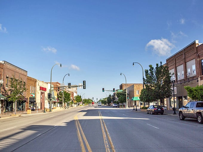 Marshall’s downtown stretches wide and welcoming under bright blue skies, where local shops and friendly energy define the heart of town.