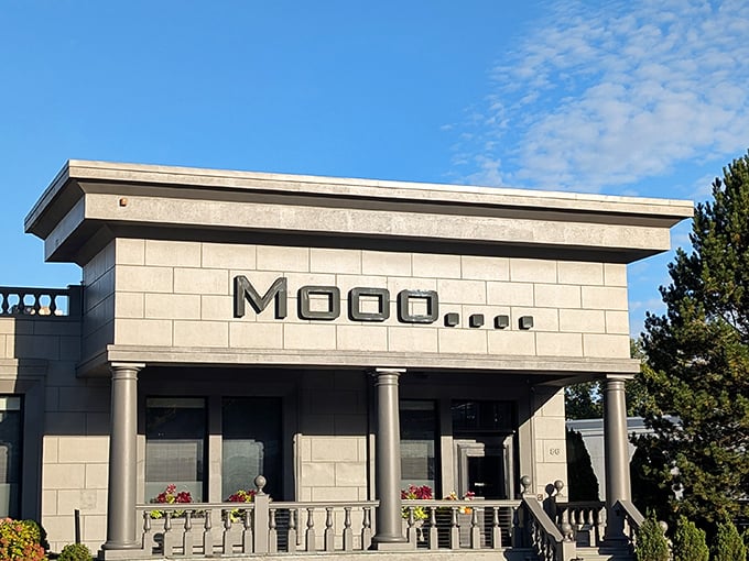 Clean lines, stone columns, and a name that makes you smile—before the steaks arrive and render you speechless.
