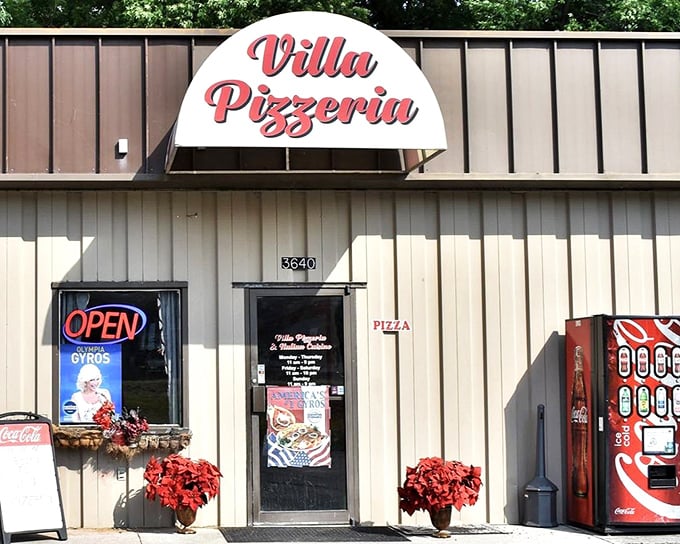 Don't let Villa's simple storefront fool you – inside those doors is pizza worth riding miles for, as those bikers clearly know.