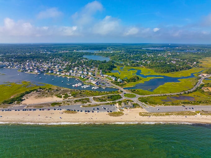 Aerial view of beaches, marshes, and waterways – nature's playground that respects your budget as much as the environment.