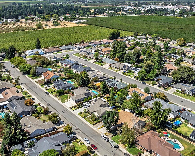 From above, Yuba City’s suburban neighborhoods blend seamlessly with the surrounding farmland — a peaceful balance of community living and open space.