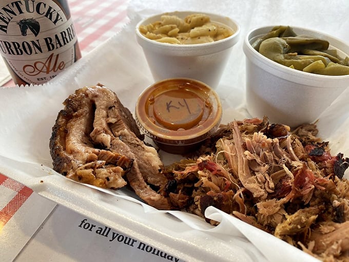 A two-meat plate that solves life's greatest dilemma: "Why choose when you can have both?" The pickle cup serves as Switzerland—neutral territory between warring proteins.