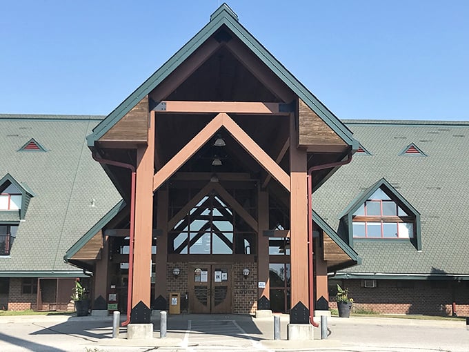 The Peter Kiewit Lodge welcomes visitors with rustic elegance, its timber frame architecture saying "come in and stay awhile."