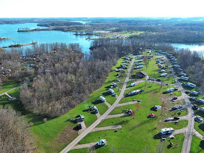 The campground from above reveals nature's perfect neighborhood layout – waterfront properties without the property taxes or homeowners association.