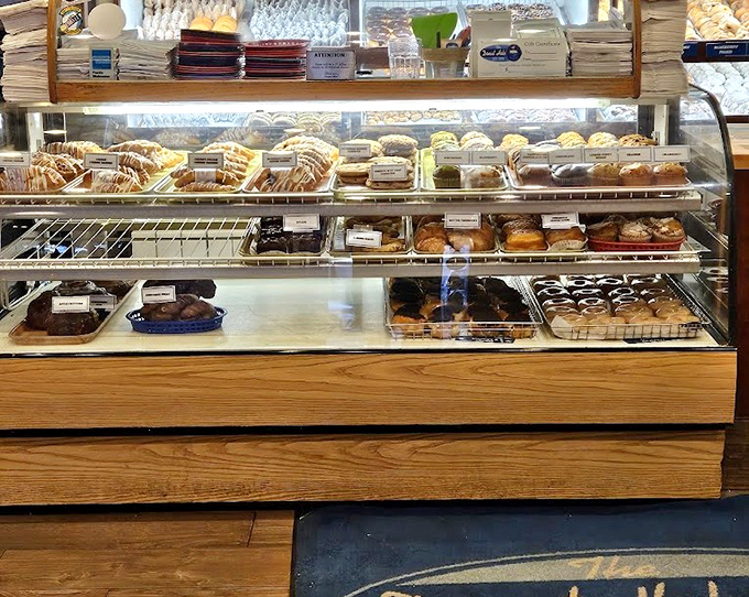 The donut display case: where willpower goes to die. Each shelf offers a different path to happiness, all equally justified.