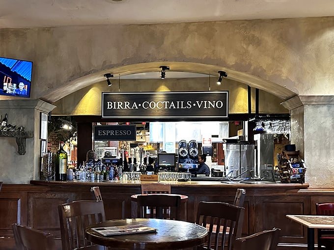 The bar area beckons with promises of "Birra, Coctails, Vino"—three magic words in any language, but especially enchanting in Italian.