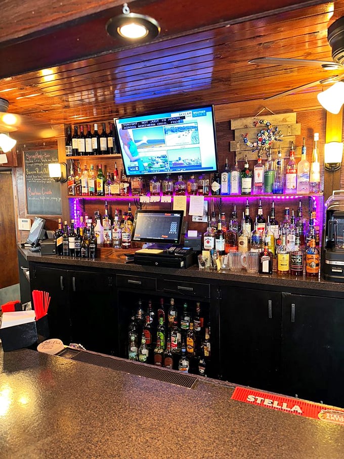 A bar stocked for serious business. No mixology theatrics needed—just honest pours and friendly conversation in warm wooden surroundings.