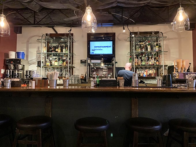 The well-stocked bar area proves Scrambled takes brunch cocktails as seriously as their benedicts—commitment we can appreciate.