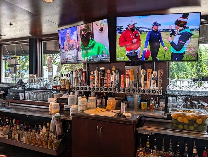 The bar at Maynards isn't just stocked—it's armed for any beverage battle. Those taps stand ready for thirsty lake-goers.